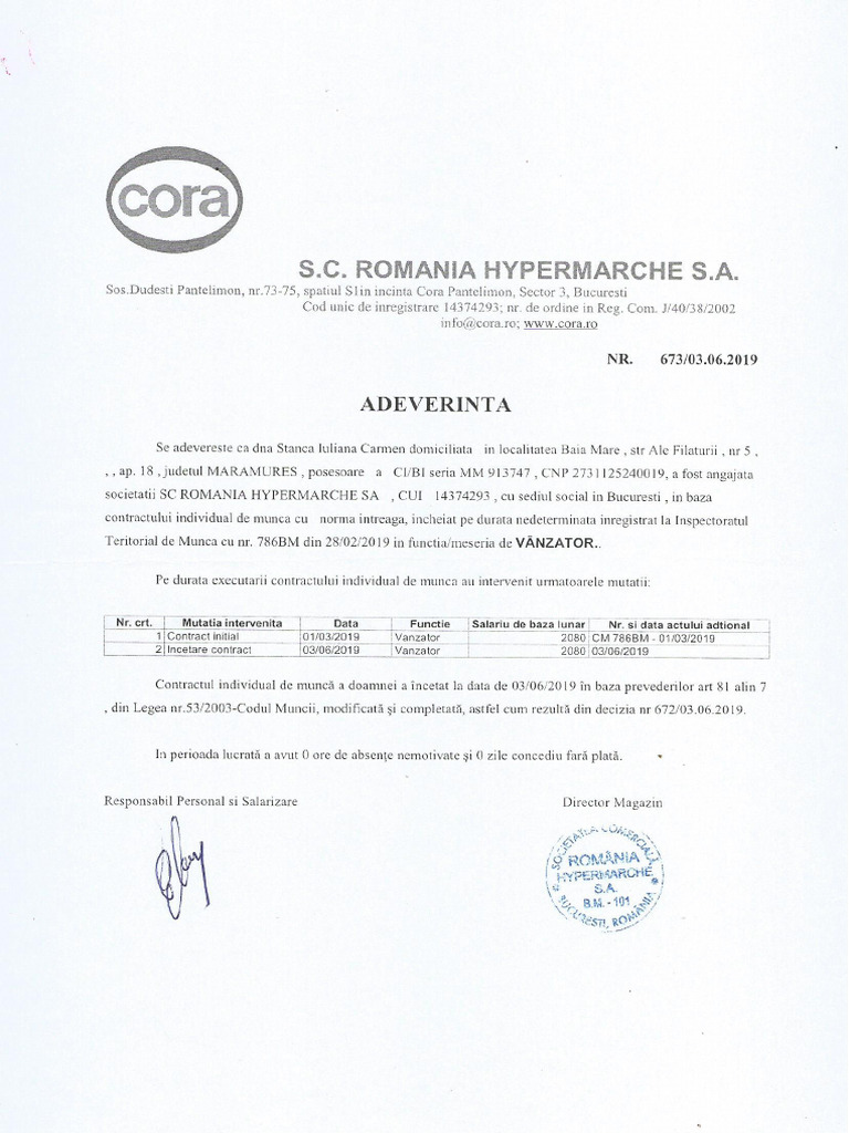 Adeverinta Cora | PDF