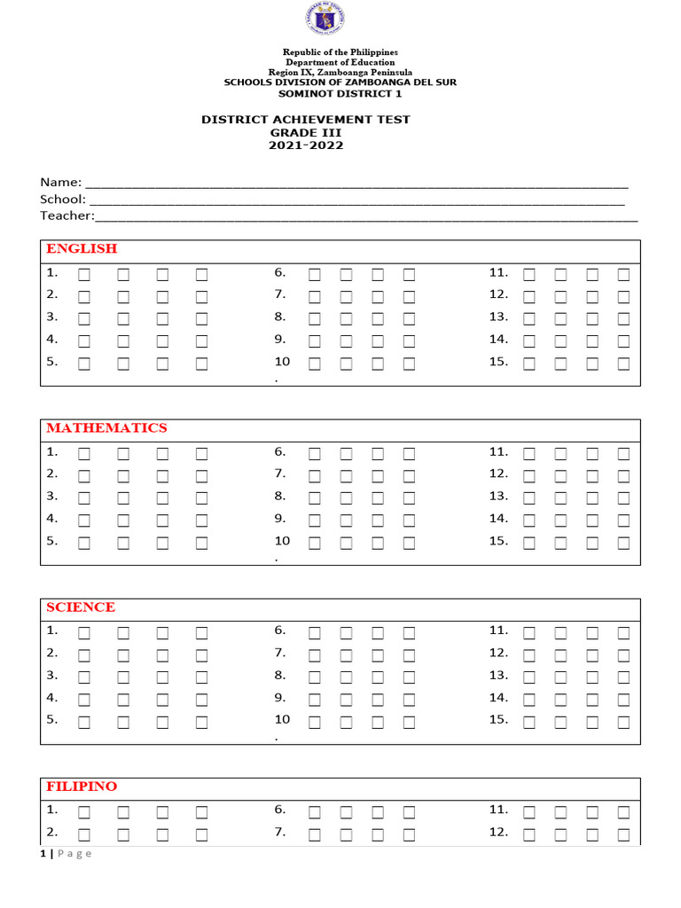 Grade 3 District Achievement Test | PDF | Government | Public ...