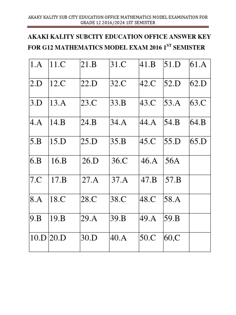 Mathematics Model Exam Answer 2016 | PDF