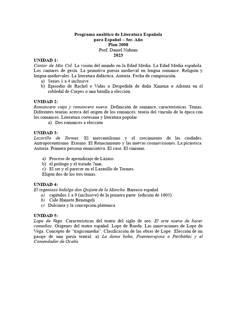 Programa Analitico para Examen de Literatura Espanola para Espanol 2023 ...