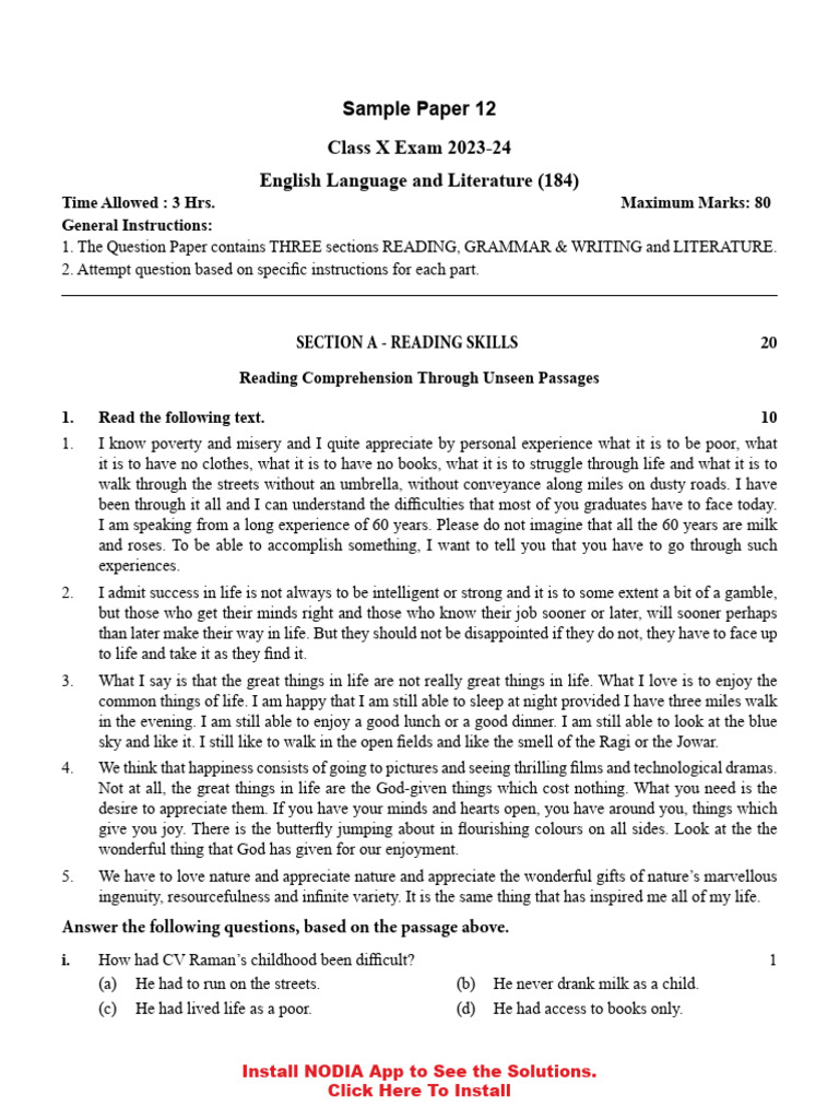 EN Sample Paper 12 Unsolved | PDF | Sanitation | Developing Country