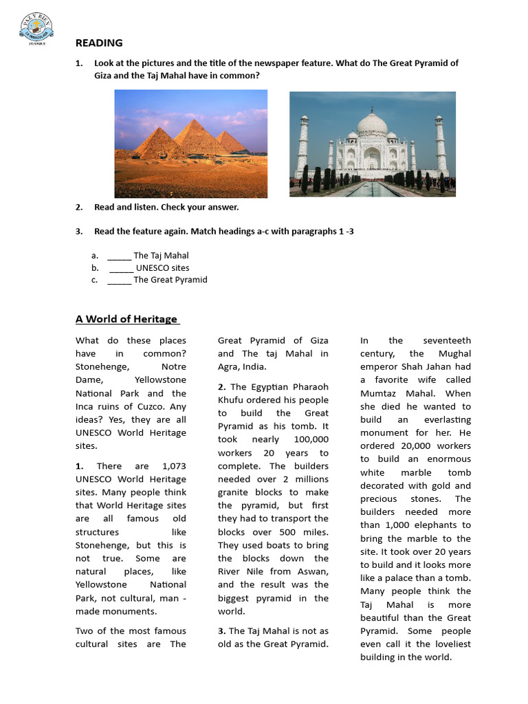 Worksheet A World of Heritage | PDF | Egyptian Pyramids