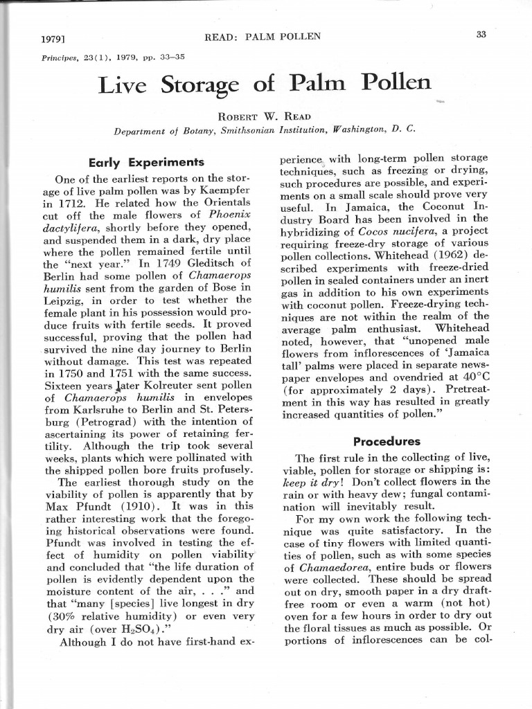 (1979) Live Storage of Palm Pollen | PDF | Flowers | Pollination