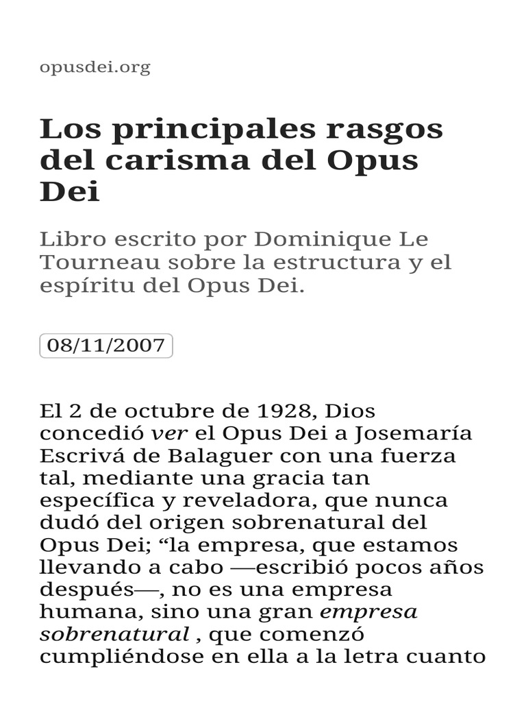 Los Principales Rasgos Del Carisma Del Opus Dei | PDF