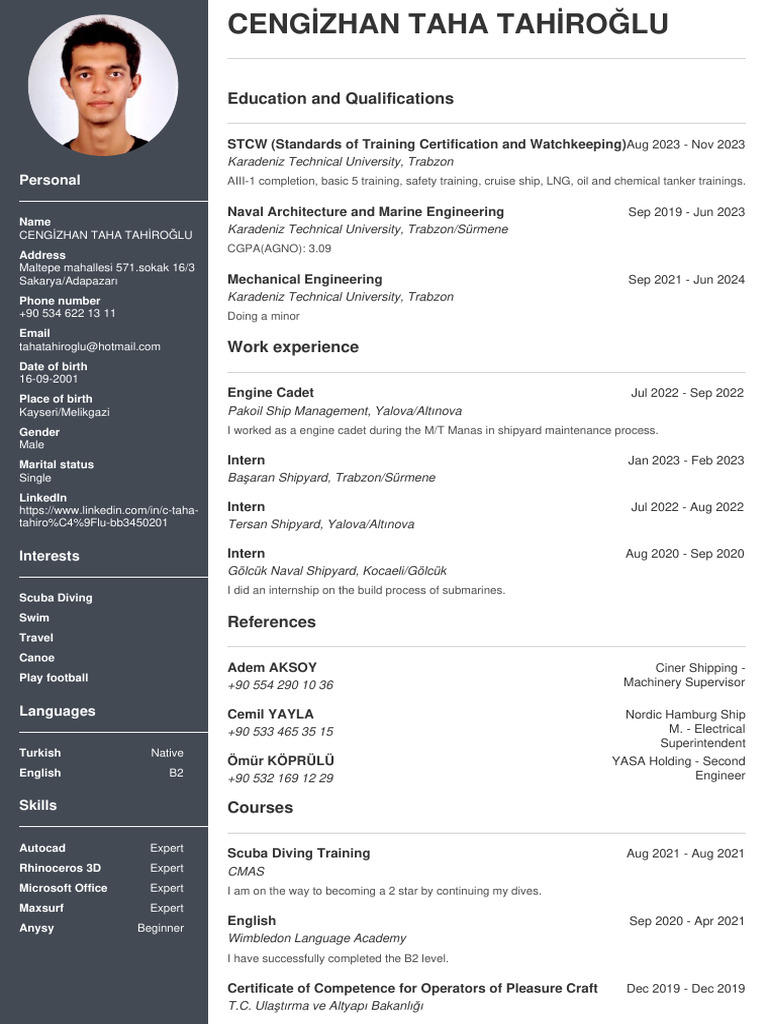Cengizhan Taha Tahiroğlu's CV | PDF | Shipping | Water Transport