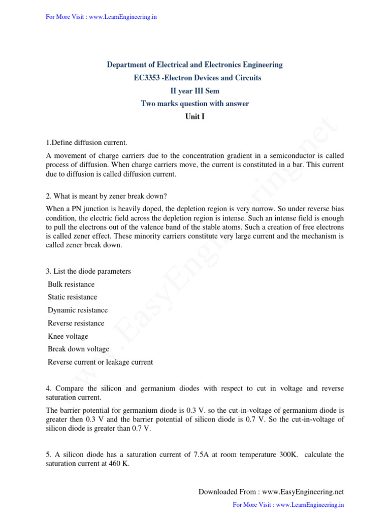 EC3353 Electronic Devices Q&A Guide | PDF | Field Effect Transistor | Amplifier