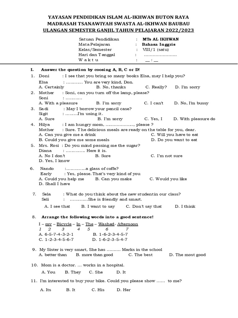 Soal Bahasa Inggris Kls 8 Sms 1 2022 | PDF