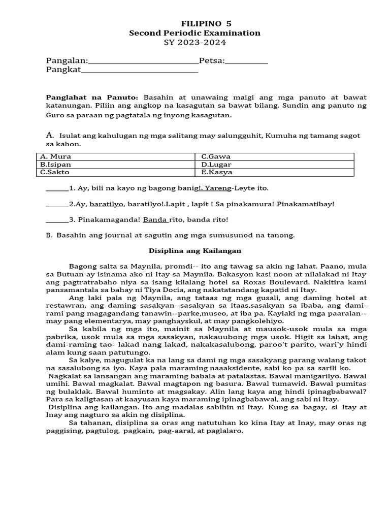 FILIPINO 5 - Q2 - PT - NEWa | PDF