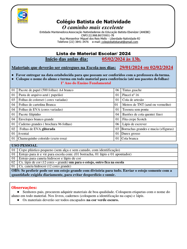 Lista de Material 1ºano 2024 | PDF | Conservação e materiais de restauração Lista de Material 1ºano 2024 | PDF | Conservação e materiais de restauração