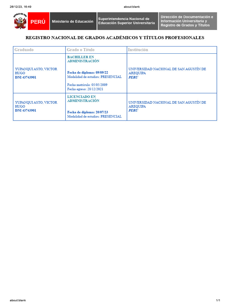 Registro Nacional de Grados Academicos y Titulos Profesionales | PDF