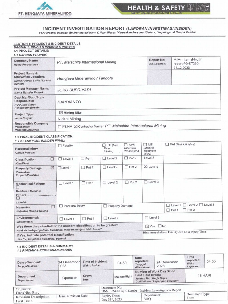 Laporan Final Incident Investigation Report DT MIM 210 | PDF