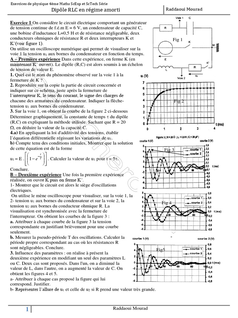 Série Circuits RLC Libres 2016 2017 (Raddaoui Mourad) (Lycée Ibn Rochd Maknassy) | PDF | Tension ...