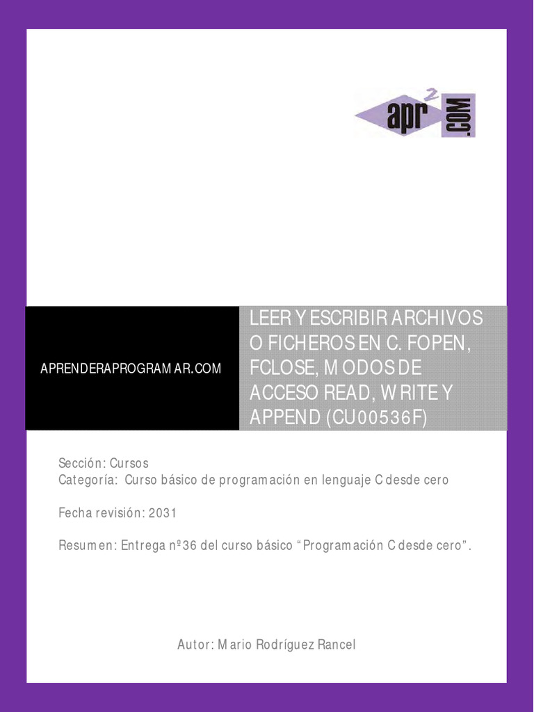 CU00536F Archivos Ficheros en C Fopen Fclose Read Write Append Modos | PDF | Archivo de ...