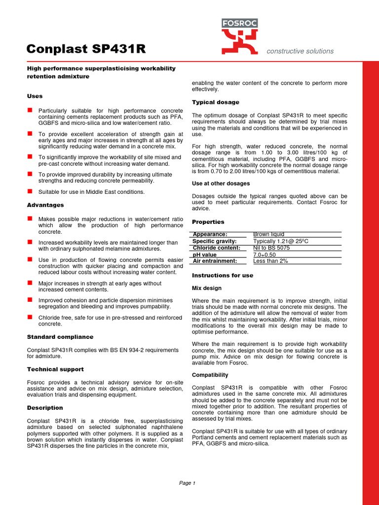 Conplast SP431R TDS | PDF | Concrete | Cement