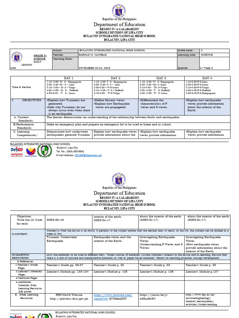 DLL Science 8 Q2 Week3 2023 | PDF | Learning | Tsunami