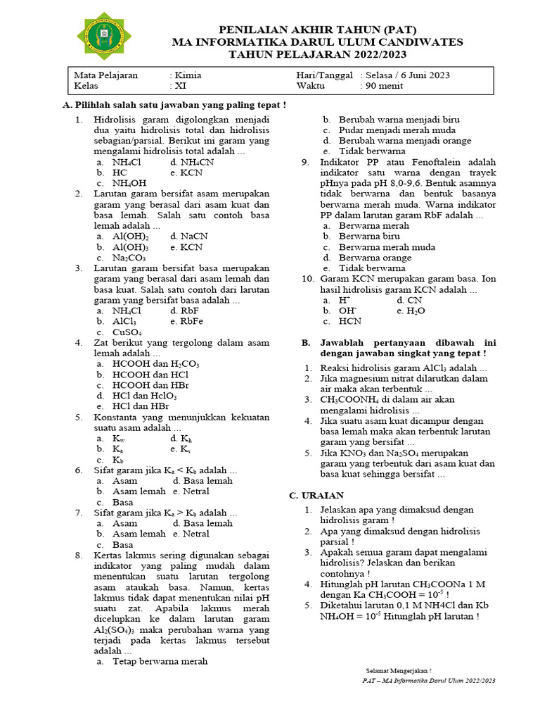 Soal PAT Kimia Kelas 11 | PDF