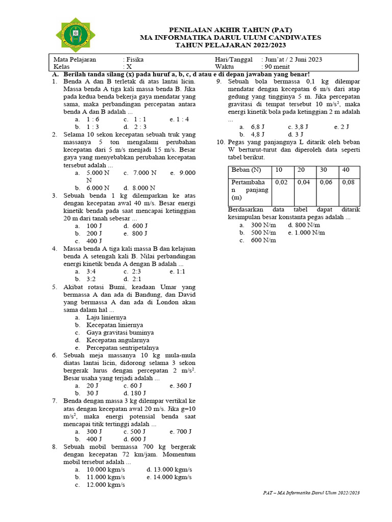 Soal PAT Fisika Kelas 10 | PDF