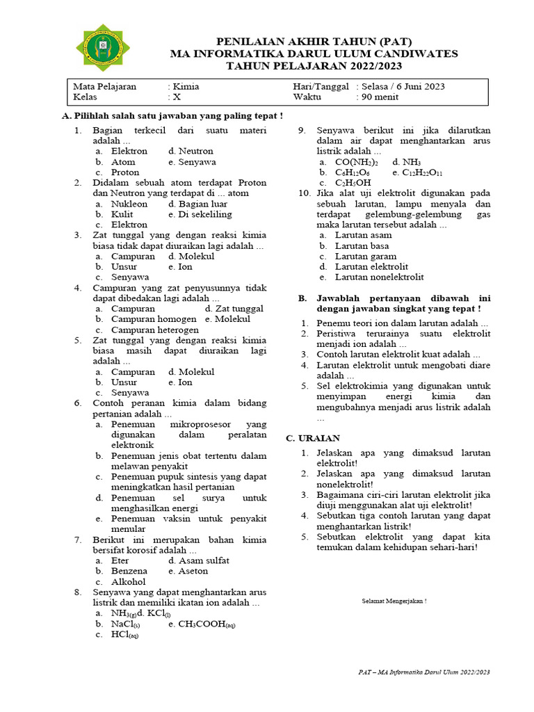 Soal PAT Kimia Kelas 10 | PDF | Metode & Bahan Ajar | Teknologi & Rekayasa