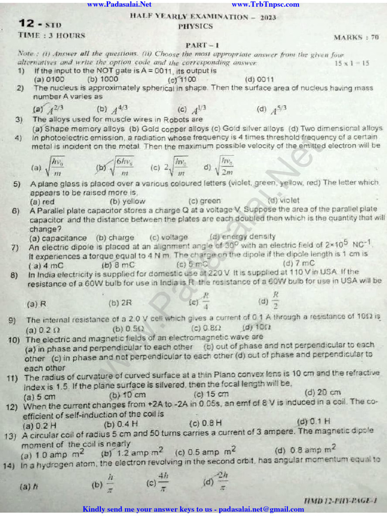 12th Physics EM Half Yearly Exam 2023 Question Paper Madurai District English Medium PDF ...