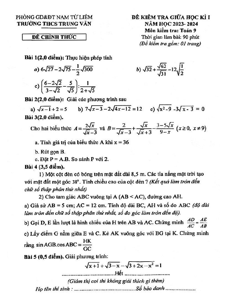 De Giua Hoc Ki 1 Toan 9 Nam 2023 2024 Truong Thcs Trung Van Ha Noi Pdf