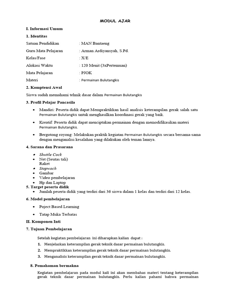 2324 Modul Ajar Bulutangkis | PDF