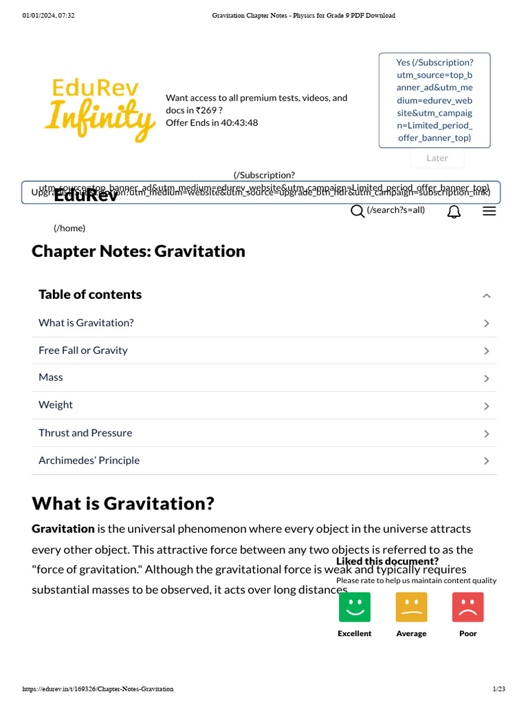 Gravitation Notes for Grade 9 PDF | PDF | Buoyancy | Weight
