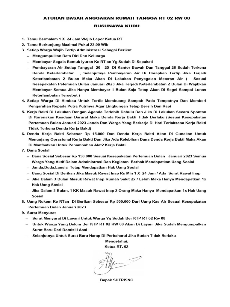 Aturan Dasar Anggaran Rumah Tangga RT 02 RW 08 Rusunawa Kudu | PDF