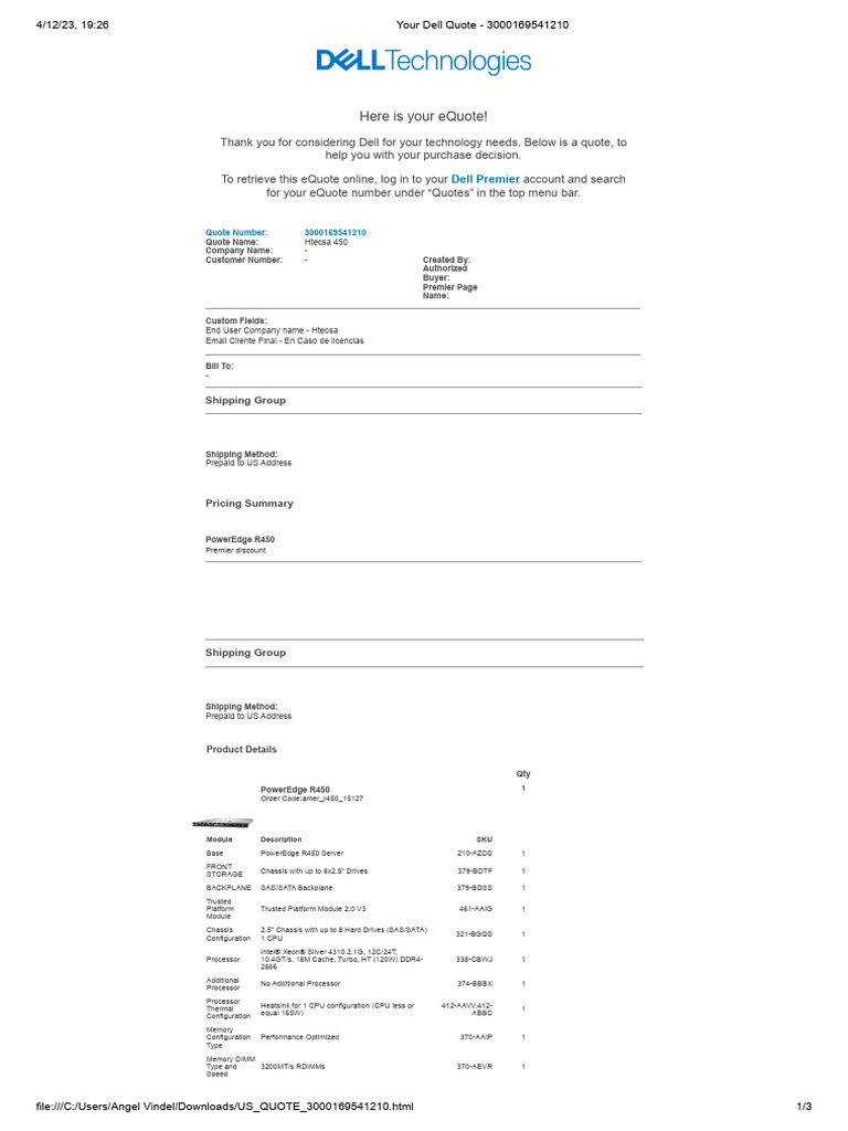 Your Dell Quote - 3000169541210 - Server 450 | PDF | Solid State Drive | Taxes