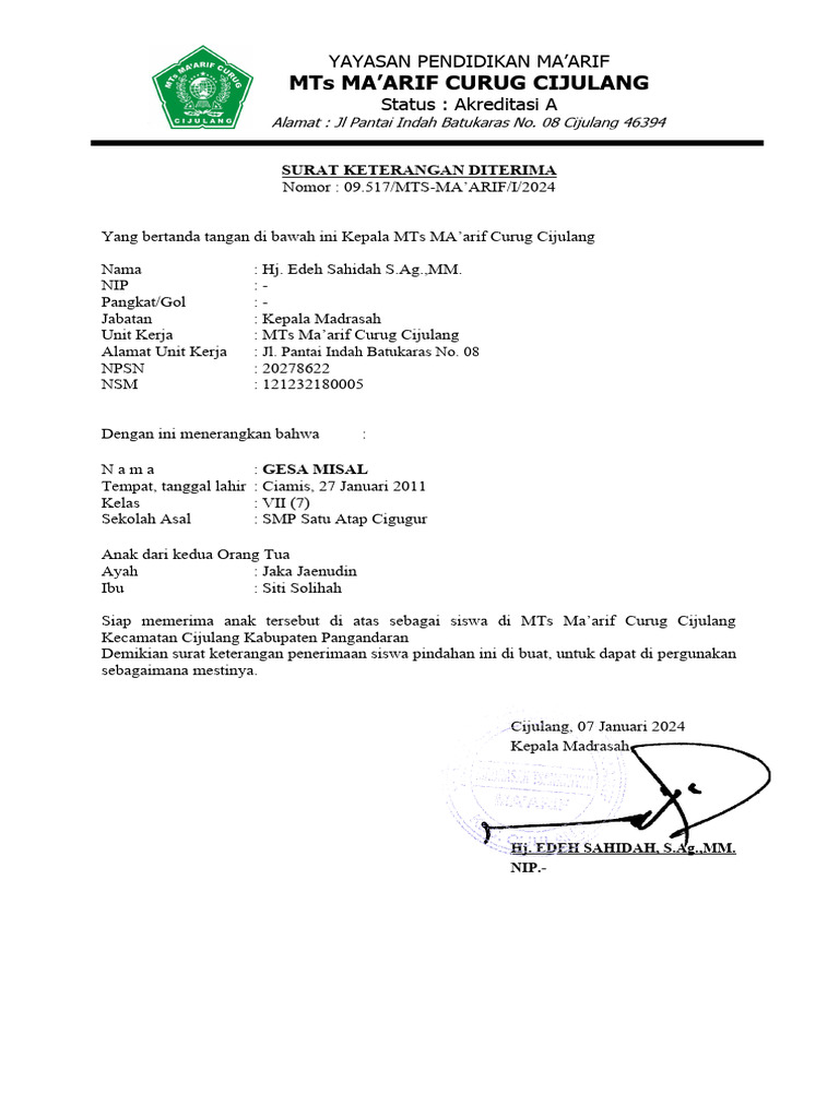 Surat Penerimaan Siswa Baru | PDF