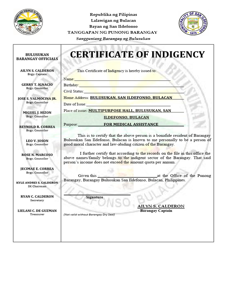 Barangay Indigency - Medical Assistance | PDF