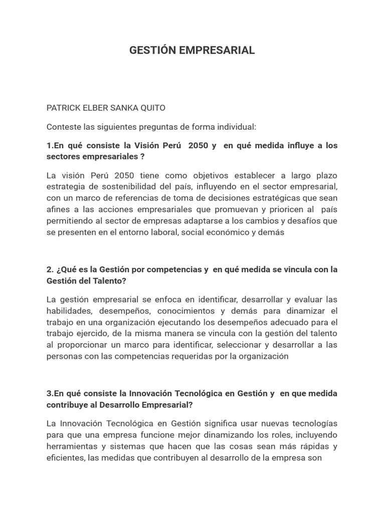 GESTIÓN EMPRESARIAL Preguntas - PATRICK ELBER SANKA QUITO | PDF