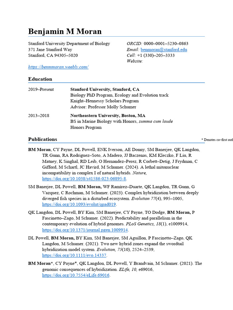 BMM CV Jan2024 | PDF | Evolution | Biology