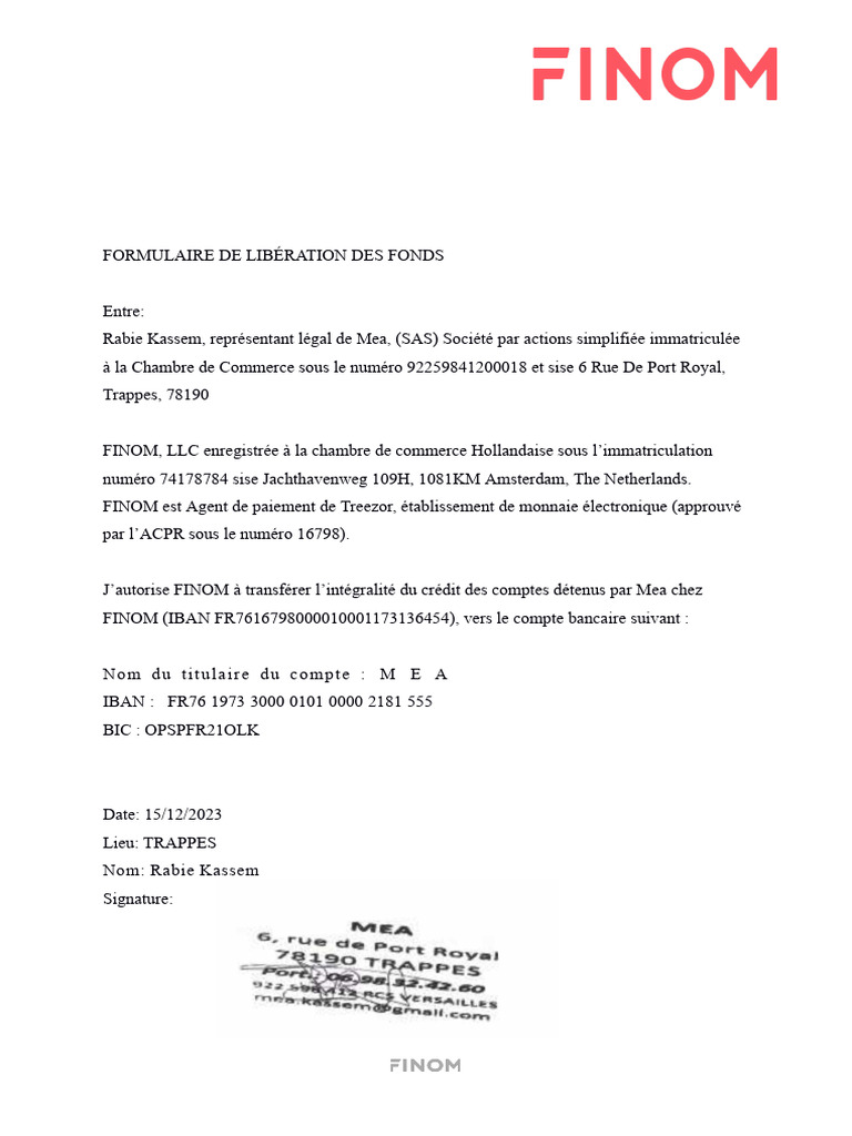 Le Formulaire de Libération Des Fonds Mea | PDF