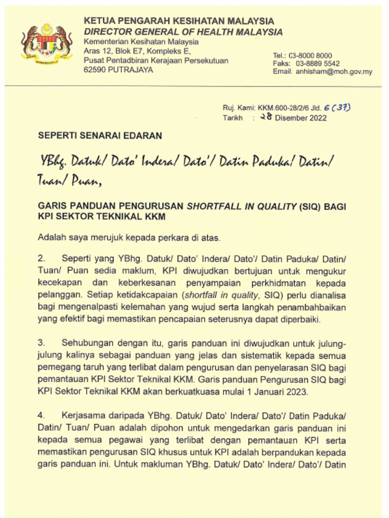 Surat Garis Panduan Pengurusan Siq Bagi Kpi Sektor Teknikal KKM | PDF Surat Garis Panduan Pengurusan Siq Bagi Kpi Sektor Teknikal KKM | PDF