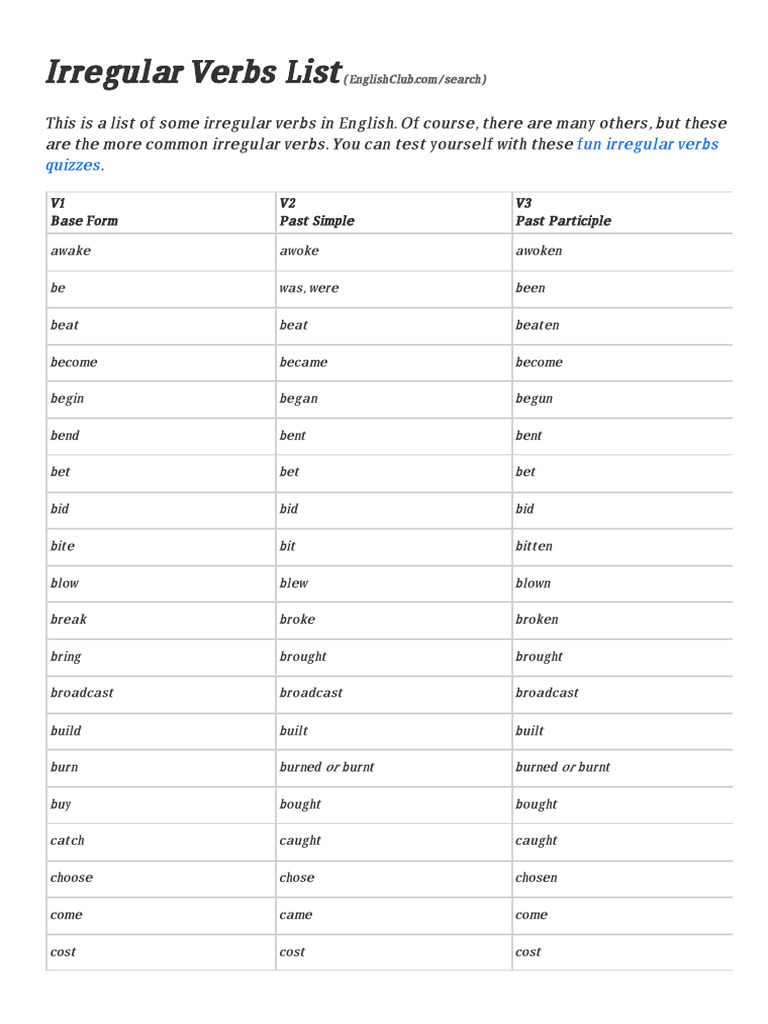 Common Irregular Verbs List | PDF