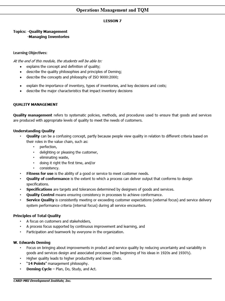 TQM Lesson 7 | PDF | Quality (Business) | Inventory