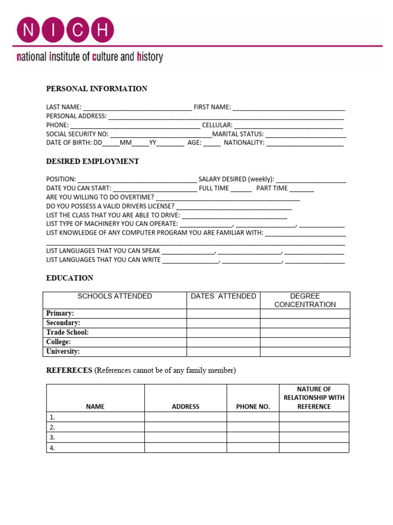 FINAL NICH Application For Employment Form | PDF | Employment