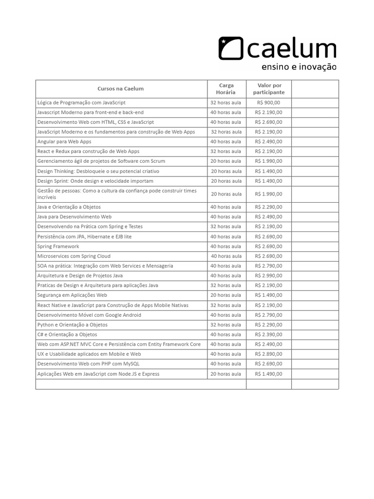 Valores Treinamentos | PDF | Script Java | Aplicativo para celular