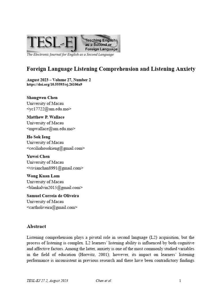 Foreign Language Listening Comprehension and Listening Anxiety | PDF ...