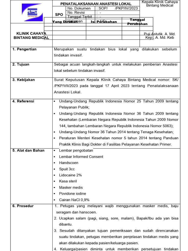 Sop Anastesi Lokal | PDF