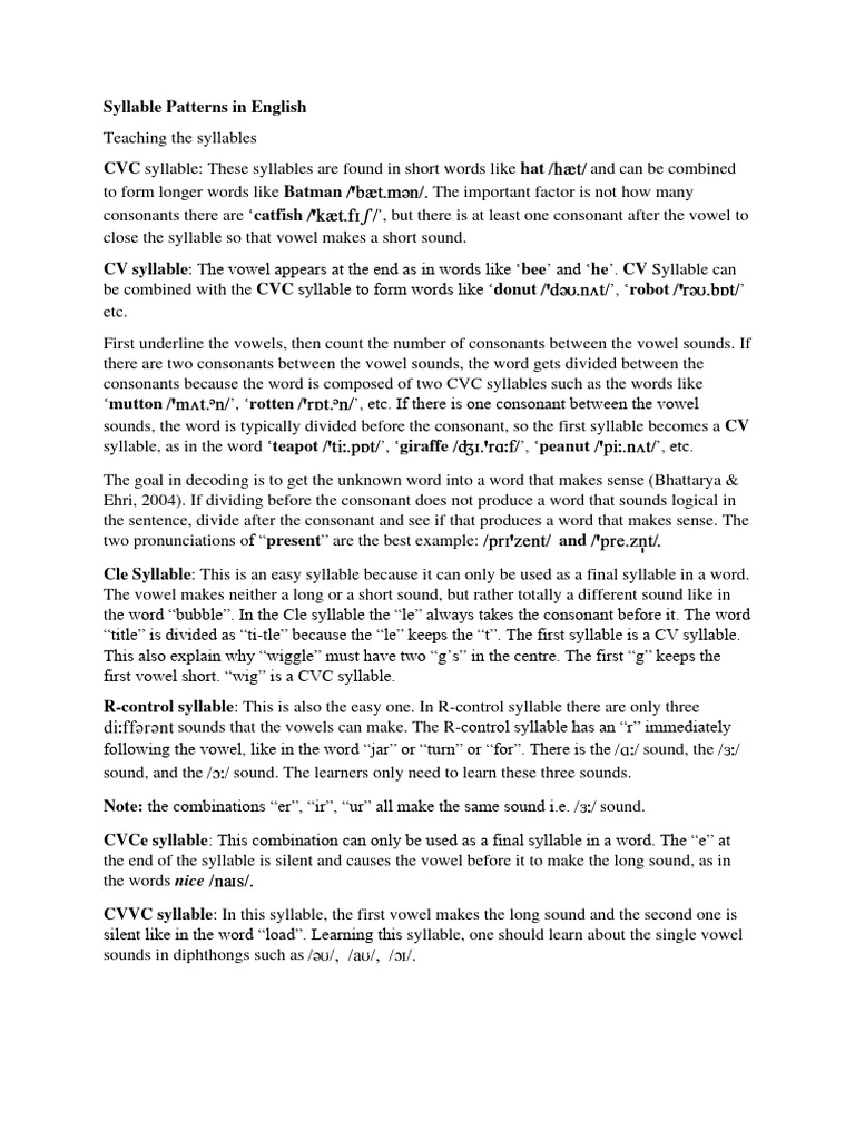 1-Syllable Patterns in English | PDF | Syllable | Consonant