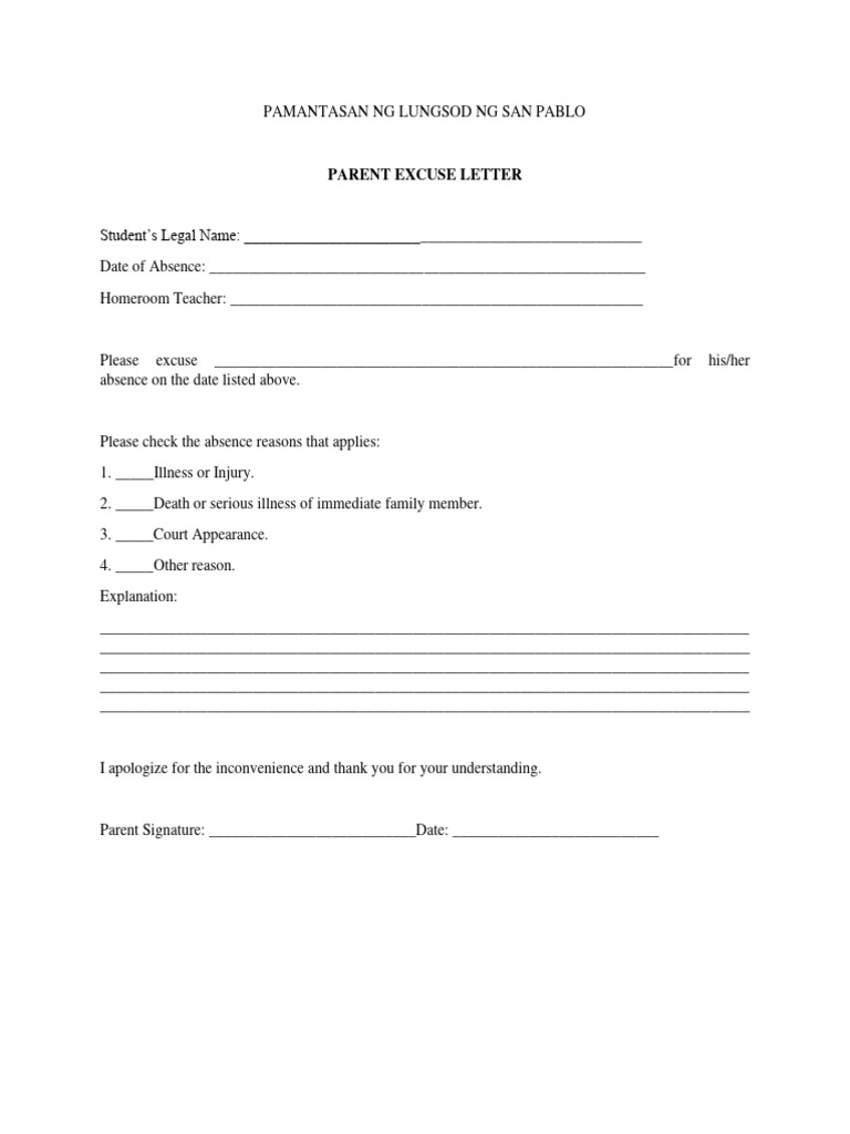PARENT EXCUSE LETTER Template | PDF