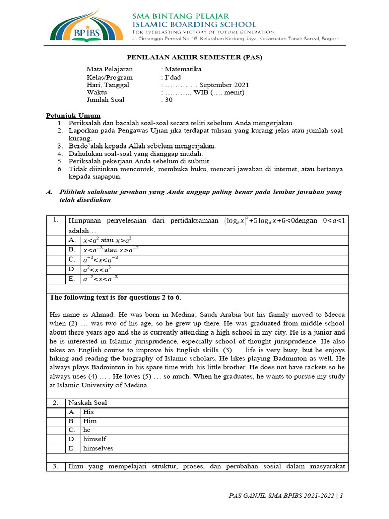 Naskah Soal PAS - Mapel Umum - 2021-2022 | PDF