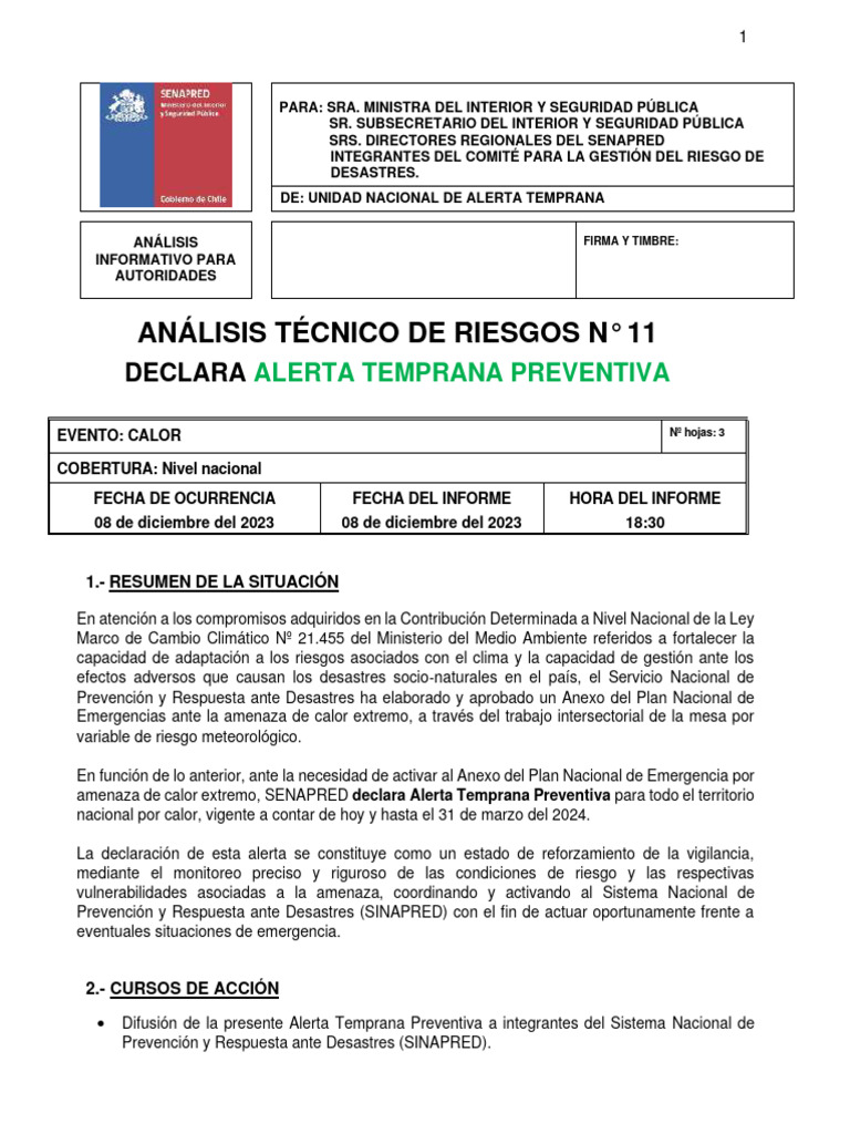 08-12-2023 DECLARA ALERTA TEMPRANA PREVENTIVA POR CALOR, Cobertura Nacional | PDF | Ministerio ...