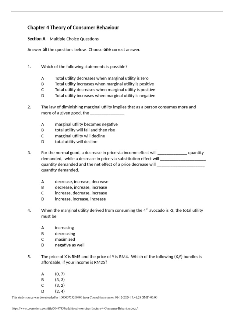 Additional Exercises Lecture 4 Consumer Behaviour | PDF | Utility | Consumer Behaviour