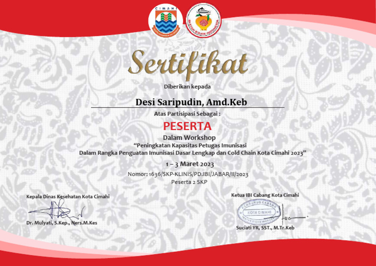 Desi Saripudin, Amd.Keb - Sertifikat Pelatihan Imunisasi Dasar Lengkap ...