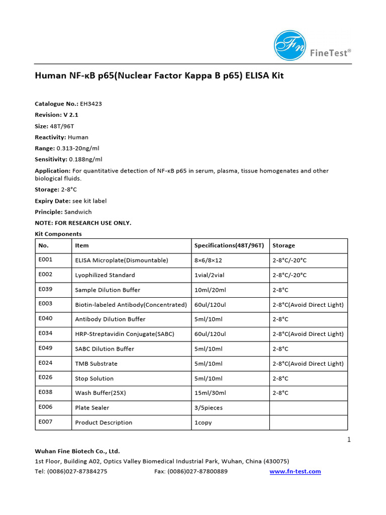 Fine Test EH3423 Human NF-κB p65 (Nuclear Factor Kappa B p65) ELISA Kit ...