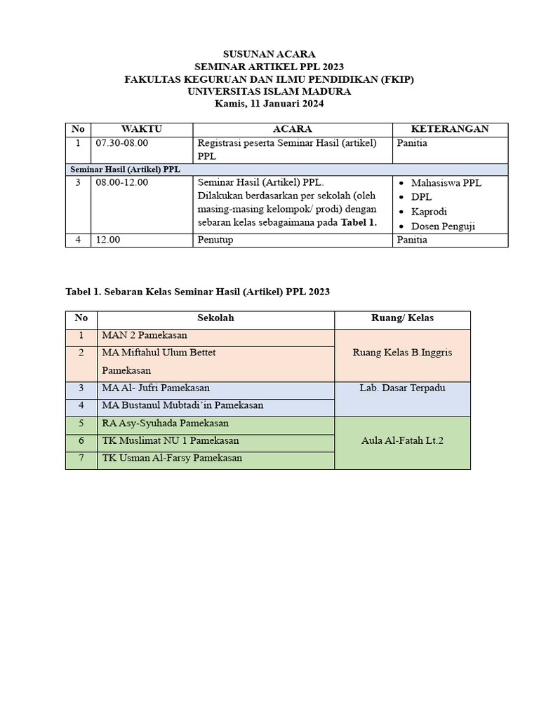 11 Jan 2024 - SUSUNAN ACARA & DAFTAR HADIR SEMINAR ARTIKEL PPL 2023 | PDF
