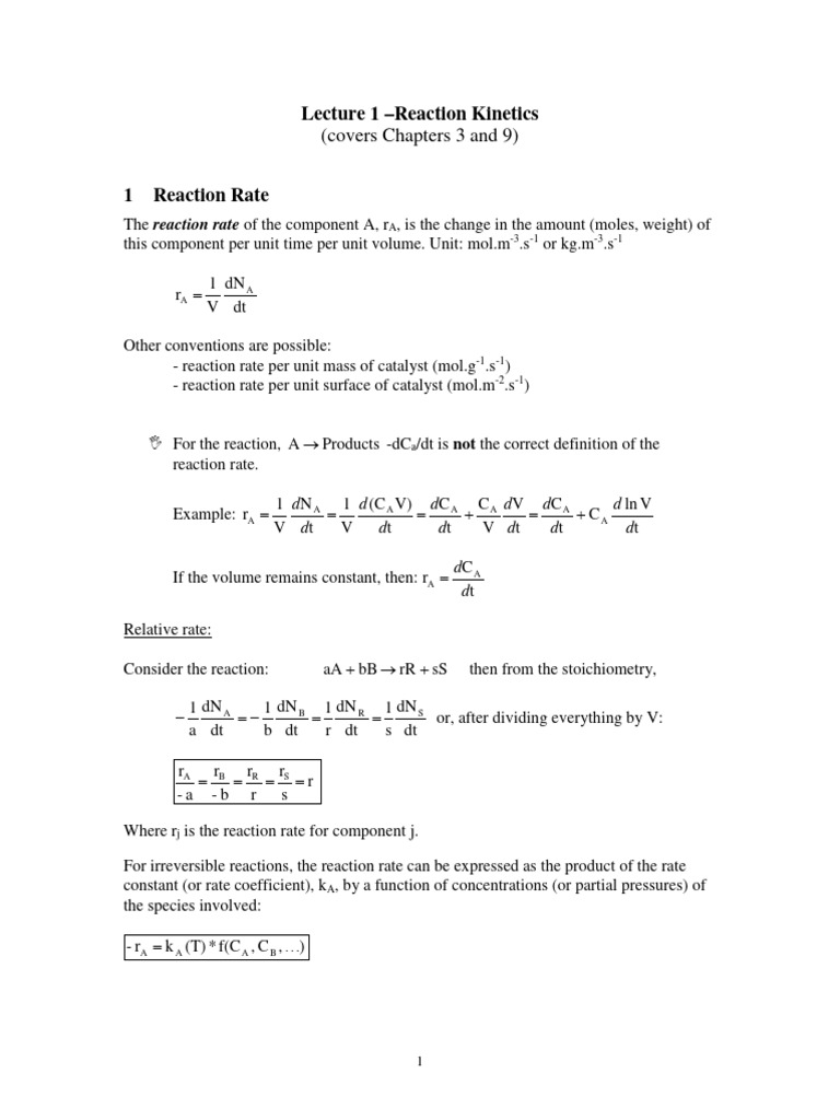 Lecture 1 Handout Introduction To Reaction Kinetics Pdf Reaction