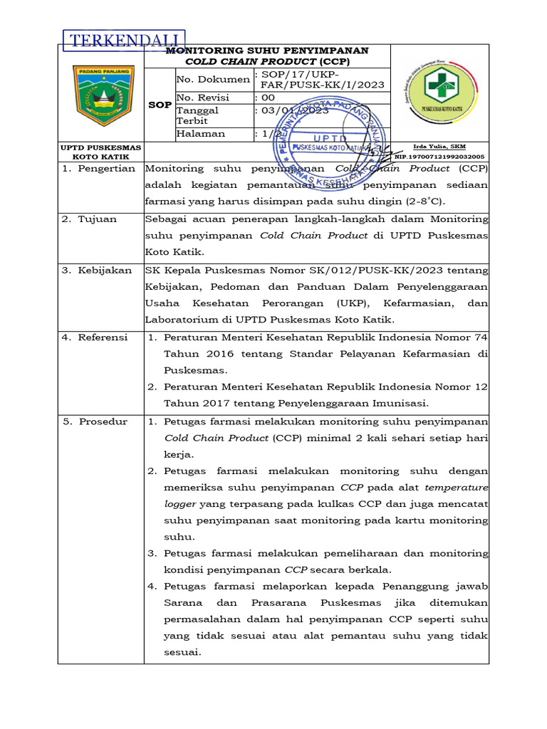 4.3.1.d.2. SOP Monitoring Suhu Penyimpanan CCP | PDF